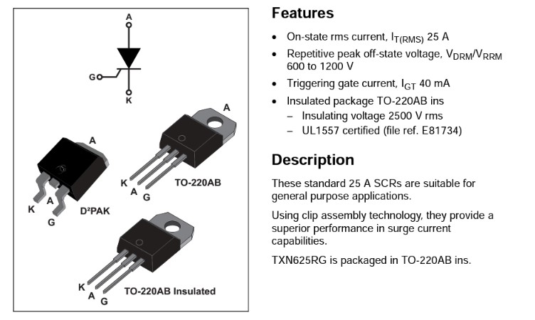 SCR TYN1225 TO-220 EKOWEISS Semiconductors - ELECTRO